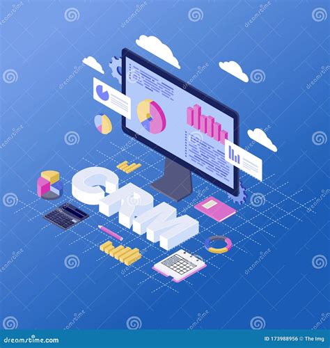 Crm Software Isometric Vector Illustration Client Data Analytics And Storage Stock Vector