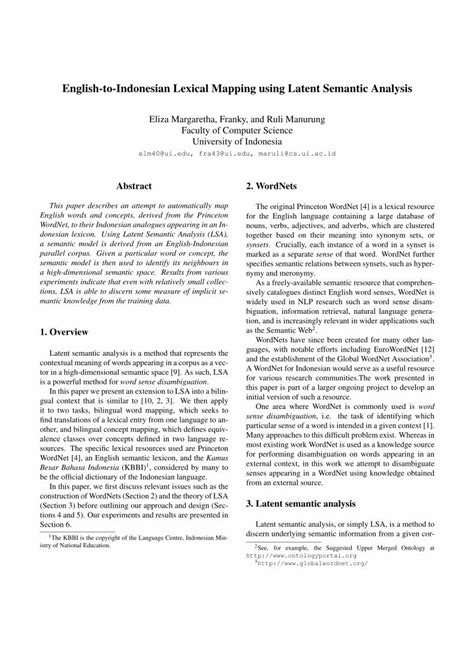 Pdf English To Indonesian Lexical Mapping Using Latent Semantic Dokumentips