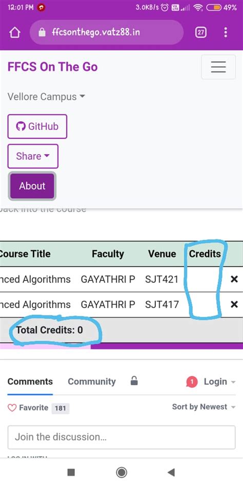 total no of credits · issue 207 · vatz88 ffcsonthego · github