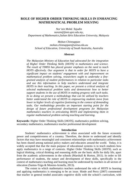 Pdf Role Of Higher Order Thinking Skills In Enhancing Mathematical
