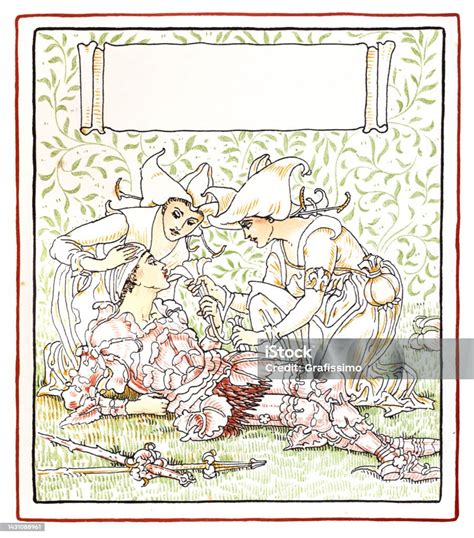 부상당한 중세 기사 아르누보 디자인 북 일러스트 레이 션을 돕는 두 명의 여성 1899 1899년에 대한 스톡 벡터 아트 및 기타 이미지 1899년 19세기 3 명