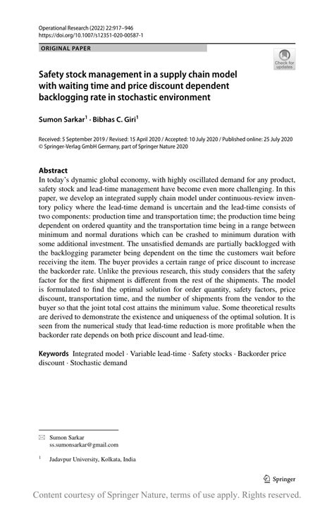 Safety Stock Management In A Supply Chain Model With Waiting Time And Price Discount Dependent