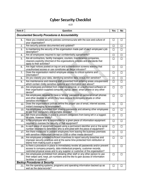 Cyber Security Checklist V1 0 Pdf Security Computer Security