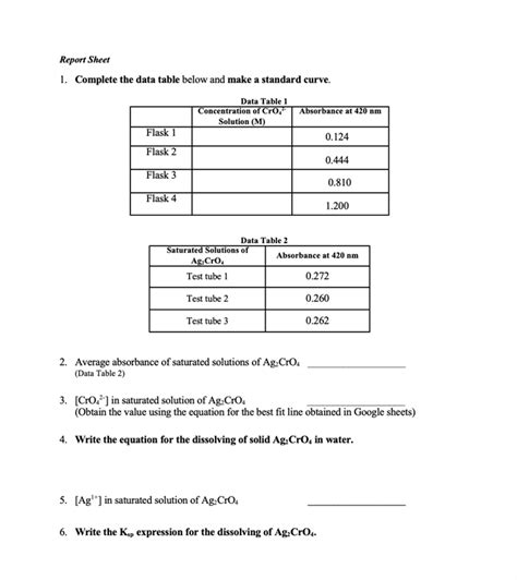 Solved Report Sheet 1 Complete The Data Table Below And Make A Standard 1 Answer