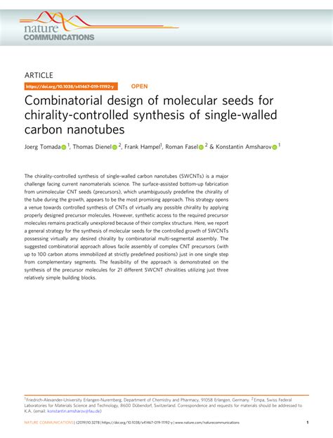 Pdf Combinatorial Design Of Molecular Seeds For Chirality Controlled Synthesis Of Single