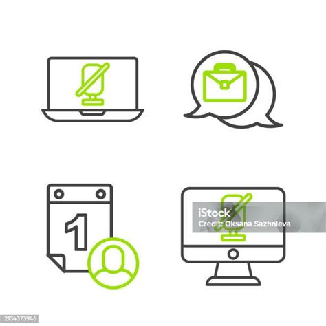 컴퓨터에서 라인 마이크 음소거 시간 관리 온라인 작업 및 노트북 아이콘을 설정합니다 벡터 가공의 인물에 대한 스톡 벡터 아트 및