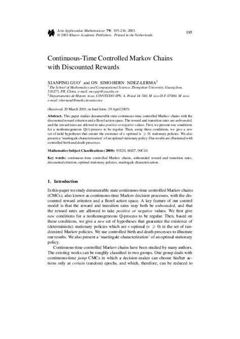 Pdf Continuous Time Controlled Markov Chains With Discounted Rewards
