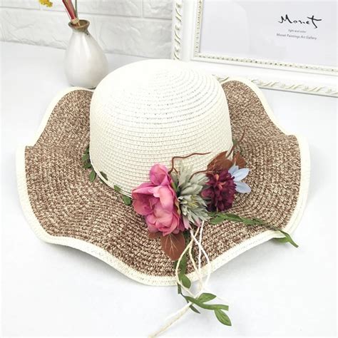 야외 소녀 태양 모자 솔리드 컬러 접는 모자 바이저 참깨 핀 모자 꽃 여행 해변 와이드 Brimmed 모자 판매햇빛 차단용