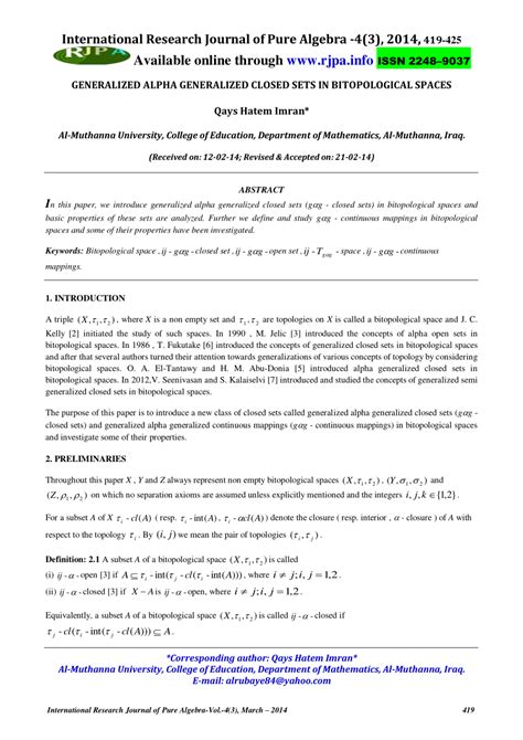 Pdf Generalized Alpha Generalized Closed Sets In Bitopological Spaces