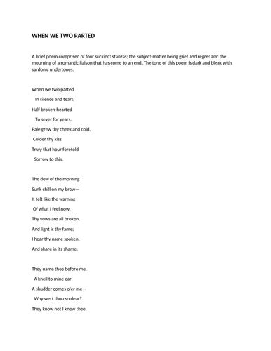 Gcse English Literature An Analysis Of Lord Byrons When We Two Parted