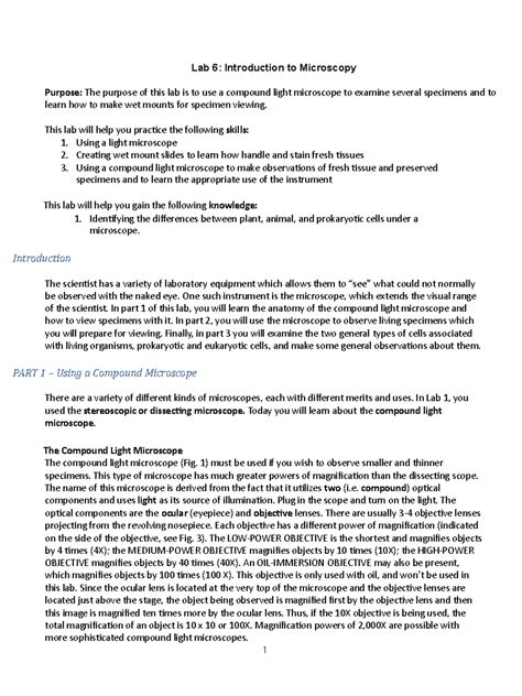 Lab Microscopy Lab Lecture Notes Lab Introduction To