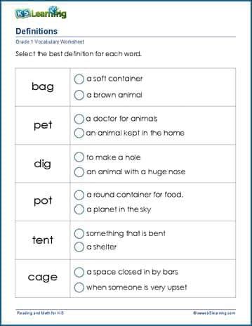 Definitions Worksheets K5 Learning