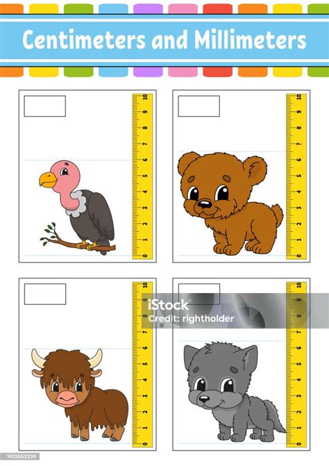 센티미터 및 밀리미터의 길이를 측정합니다 워크시트를 개발하는 교육 아이들을위한 게임 색상 활동 페이지입니다 아이들을위한 퍼즐 귀여운 캐릭터 벡터 그림입니다 만화 스타일 0