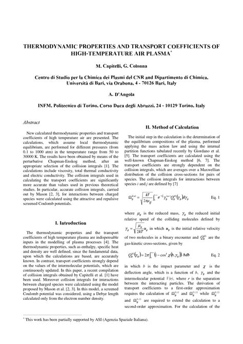 Pdf Thermodynamic Properties And Transport Coefficients Of High Temperature Air Plasma