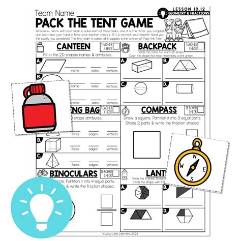 Lucky To Learn Math Lesson 1012 Geometry And Fractions Review Mini Lesson Pack The Tent