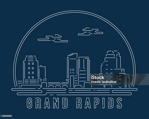 그랜드 래피즈 흰색 추상 선 코너 곡선 진한 파란색 배경에 현대적인 스타일이 있는 도시 풍경 건물 스카이라인 도시 벡터 일러스트레이션 디자인 그랜드 래피즈 미시간에 대한