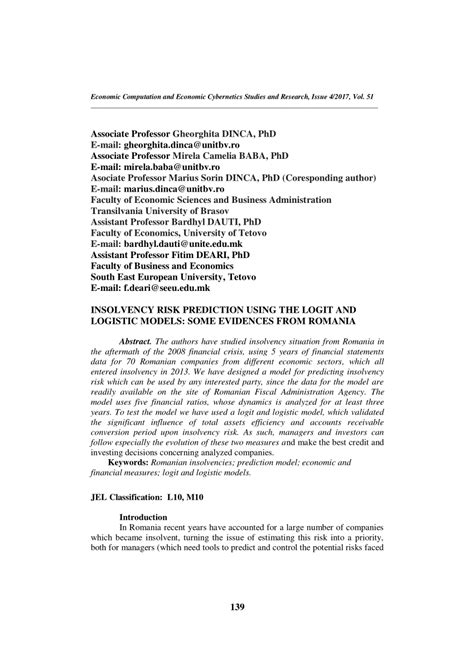 Pdf Insolvency Risk Prediction Using The Logit And Logistic Models Some Evidences From Romania