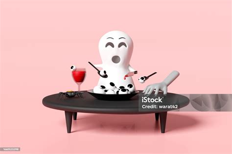 피 묻은 칼 와인잔 칵테일 눈 분홍색 배경에 고립된 좀비 손을 들고 있는 귀여운 유령이 있는 3d 해피 할로윈 파티 3d 렌더링 일러스트레이션 10월에 대한 스톡 사진 및