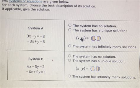 solved iwo systems of equations are given below for each system