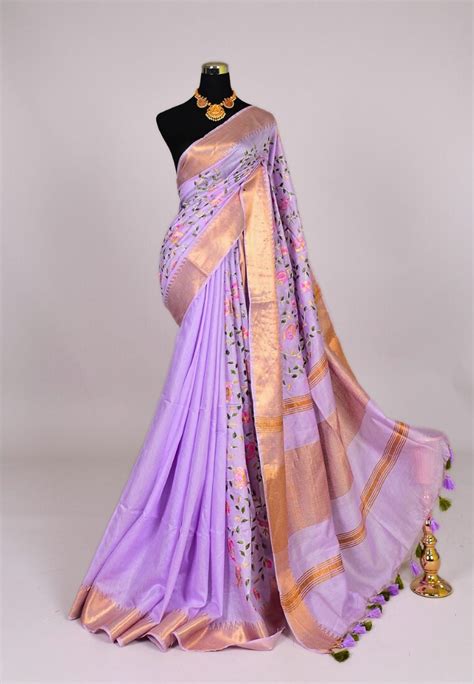 Lavender Kota Silk Floral Embroidery Patta Border Bengal Saree Yeshan