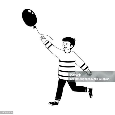 장난기 넘치는 분위기 속에서 검은 풍선을 들고 즐겁게 달리는 아이 놀이에 대한 스톡 벡터 아트 및 기타 이미지 놀이 단순함 달리기 Istock