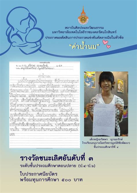 ผลการตัดสินผู้ที่ได้รับรางวัลประกวดคัดลายมือในหัวข้อ “ค่าน้ำนม” ในระดับชั้นประถมศึกษาตอนปลาย ป