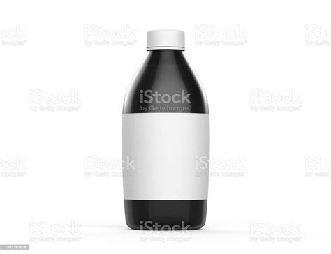 흰색 배경에 분리 된 액체가있는 검은 색 플라스틱 병 빛과 그림자가 있는 사실적인 3d 렌더링 투명 유리 용기 모형 팩 광고를 위한 빈 흰색 라벨 항목입니다 0명에 대한
