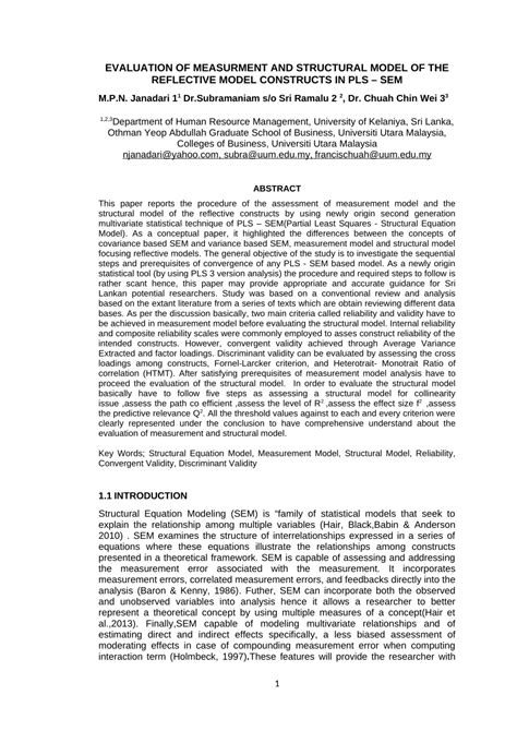 Pdf Evaluation Of Measurment And Structural Model Of The Reflective