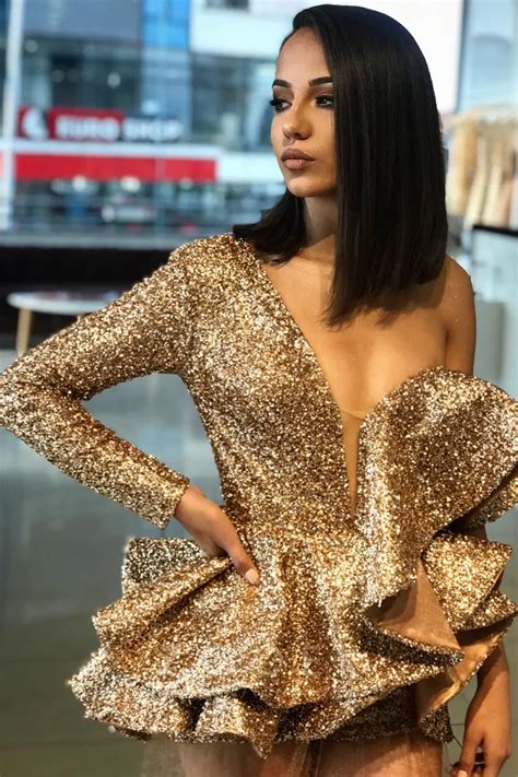 لباس مجلسی سکسی شفاف با پولک طلایی یک آستین Zooek