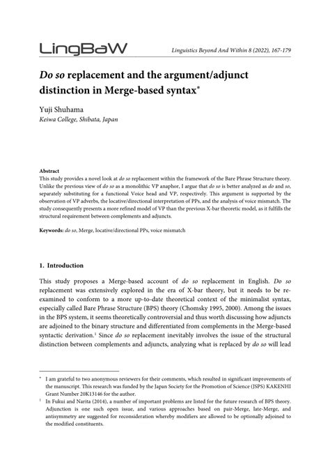 Pdf Do So Replacement And The Argumentadjunct Distinction In Merge Based Syntax