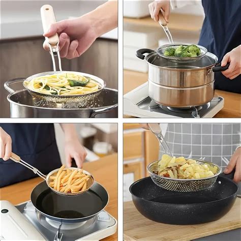 스테인리스 스틸 거품기 스트레이너 나무 손잡이 주방 고운 메쉬 체 파스타 및 국수 물받이 튀김기 오일 필터 스쿱 요리 및 튀김용 무료 주방 용품 비즈니스 산업