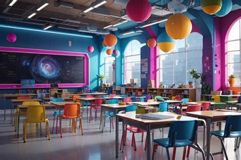Premium Ai Image A Classroom Of The Future With A Vibrant Colorful Atmosphere And A Variety Of