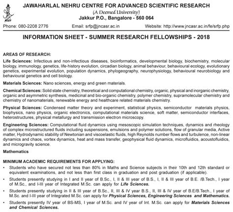 Summer Research Fellowship Program 2018 Jncasr Bangalore Jaivikshastram Education