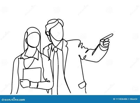 Silhouette Of Business Man And Woman Speaking Doodle Businessman Point