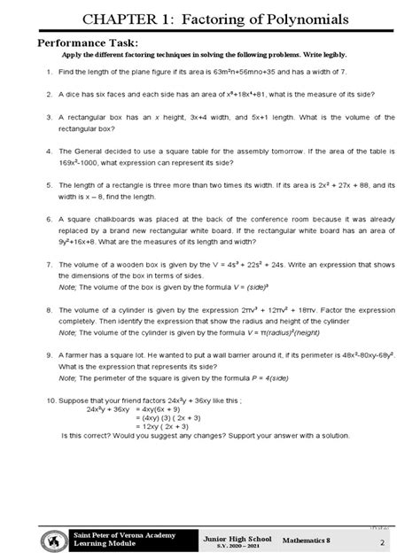 Factoring Of Polynomials Performance Task Pdf Area Length
