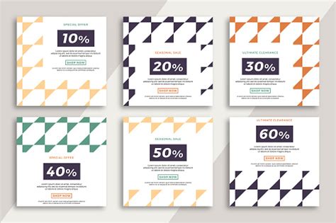 현대 기하학적 패턴을 가진 정사각형 광고 웹 배너 세트 소셜 미디어 모바일 응용 프로그램을위한 트렌디 한 판매 및 할인 프로모션