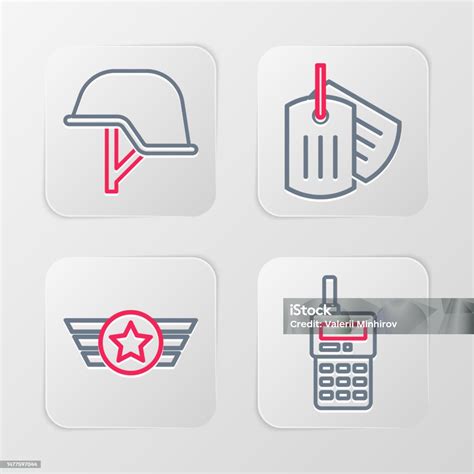 세트 라인 워키 토키 스타 미국 군대 군사 인식표 및 헬멧 아이콘 벡터 공란에 대한 스톡 벡터 아트 및 기타 이미지 공란 국가 관광명소 군복 Istock