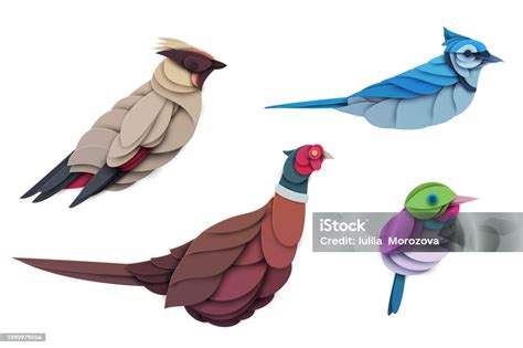 흰색 배경에 고립 된 추상적 인 새들의 세트 블루 제이 꿩 쿠바 토디 왁스 윙 만화 공예 종이 컷 스타일의 창조적 인 3d 개념