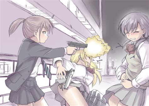 Ebifly Original Commentary Highres 3girls Black Hair Blonde Hair