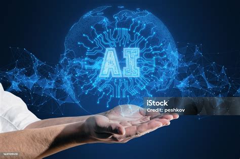 사업가의 손은 빛나는 디지털 다각형 Ai와 파란색 배경에 지구 홀로그램을 들고 있다 인공 지능 메타버스 및 기술 개념입니다 이중