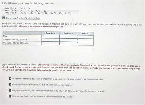 solved for each data set answer the following