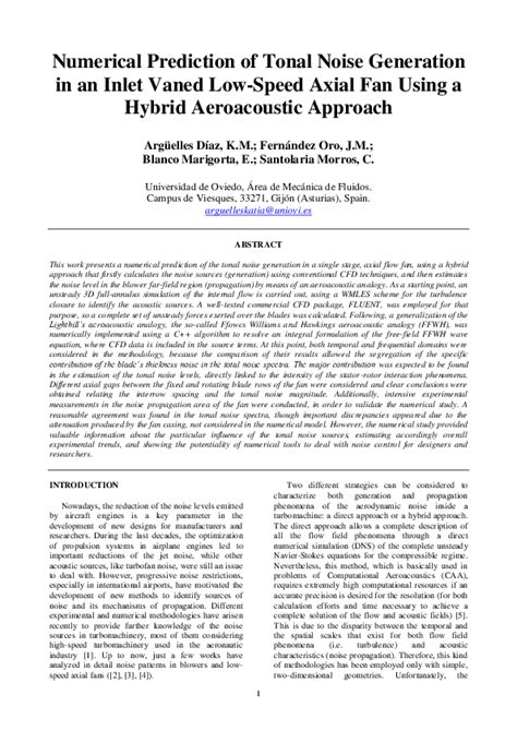 Pdf Numerical Prediction Of Tonal Noise Generation In An Inlet Vaned Low Speed Axial Fan Using