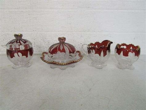 4 Pc Flashed Ruby Pattern Glass Table Set Oberman Auctions