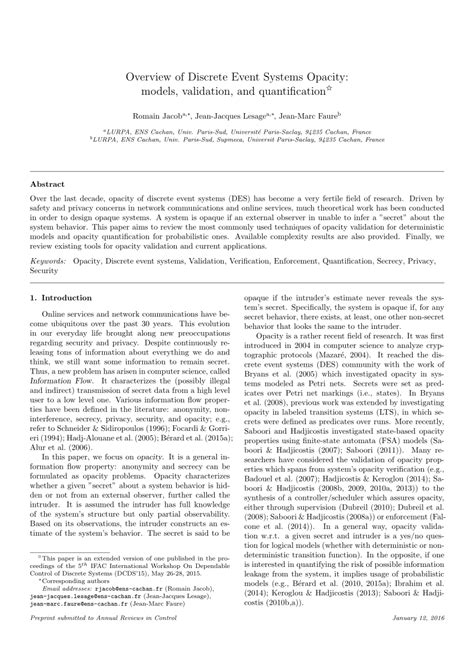 Pdf Overview Of Discrete Event Systems Opacity Models Validation And Quantification