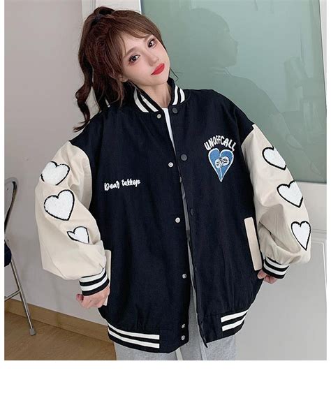 룬코 하트 프린팅 야구 점퍼 바시티자켓 패딩