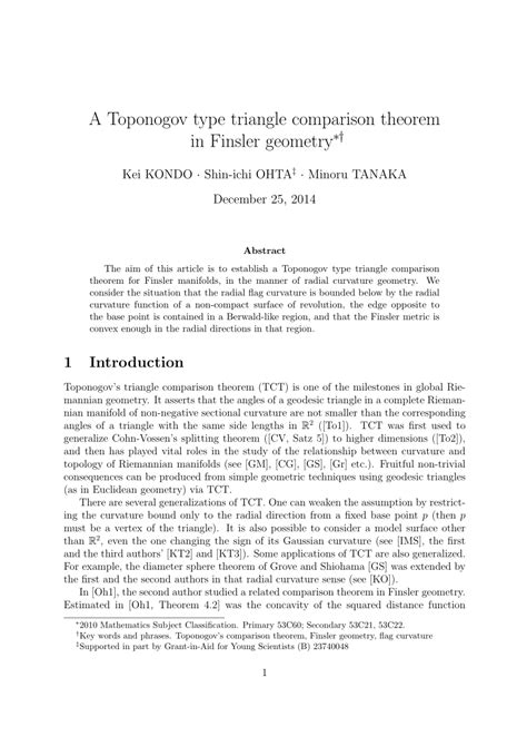 Pdf A Toponogov Type Triangle Comparison Theorem In Finsler Geometry