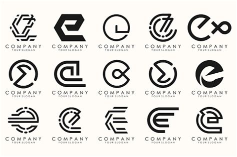 편지 E 추상 로고 디자인 기호의 컬렉션입니다 문자가 있는 기하학적 로고 메가 컬렉션 알파벳 E에 대한 스톡 벡터 아트 및 기타