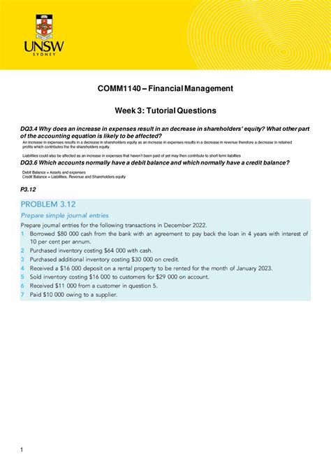 Week 3 Tutorial Questions COMM1140 Financial Management Week 3