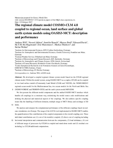Pdf The Regional Climate Model Cosmo Clm 4 8 Coupled To Regional