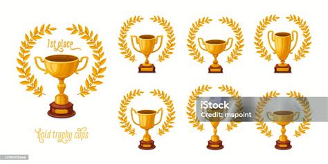 월계수 화환이 있는 골드 트로피 컵 다양한 모양으로 설정된 트로피 어워드 컵 1위 우승자 트로피 만화 스타일 벡터 일러스트레이션 1에 대한 스톡 벡터 아트 및 기타 이미지